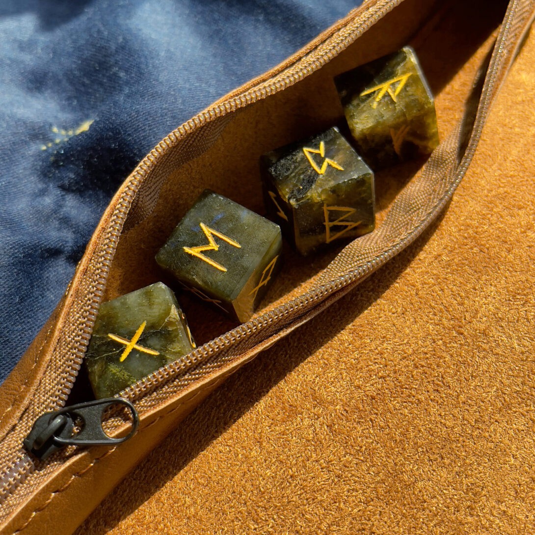 Sage Goddess Labradorite Rune Dice with Leather Scroll Casting Set