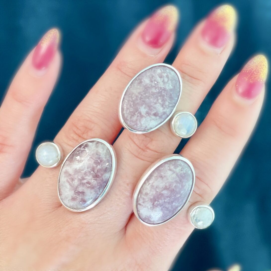 Lepidolite and Rainbow Moonstone Emotional Oasis Ring - Sage Goddess
