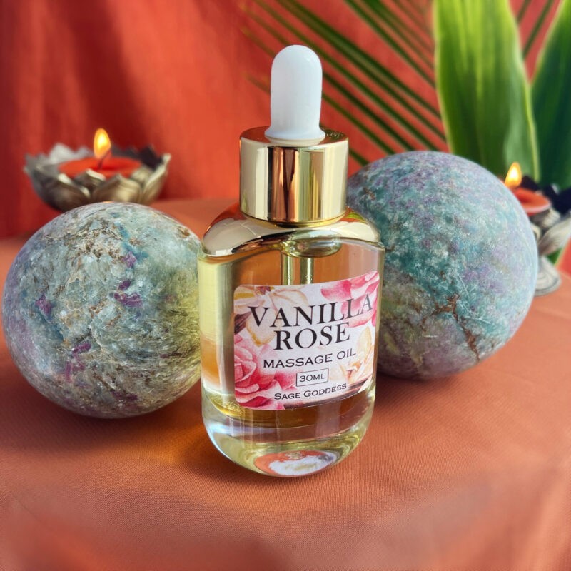 Ruby Kyafuchsite Sphere & Vanilla Rose Massage Oil Duo - Sage Goddess