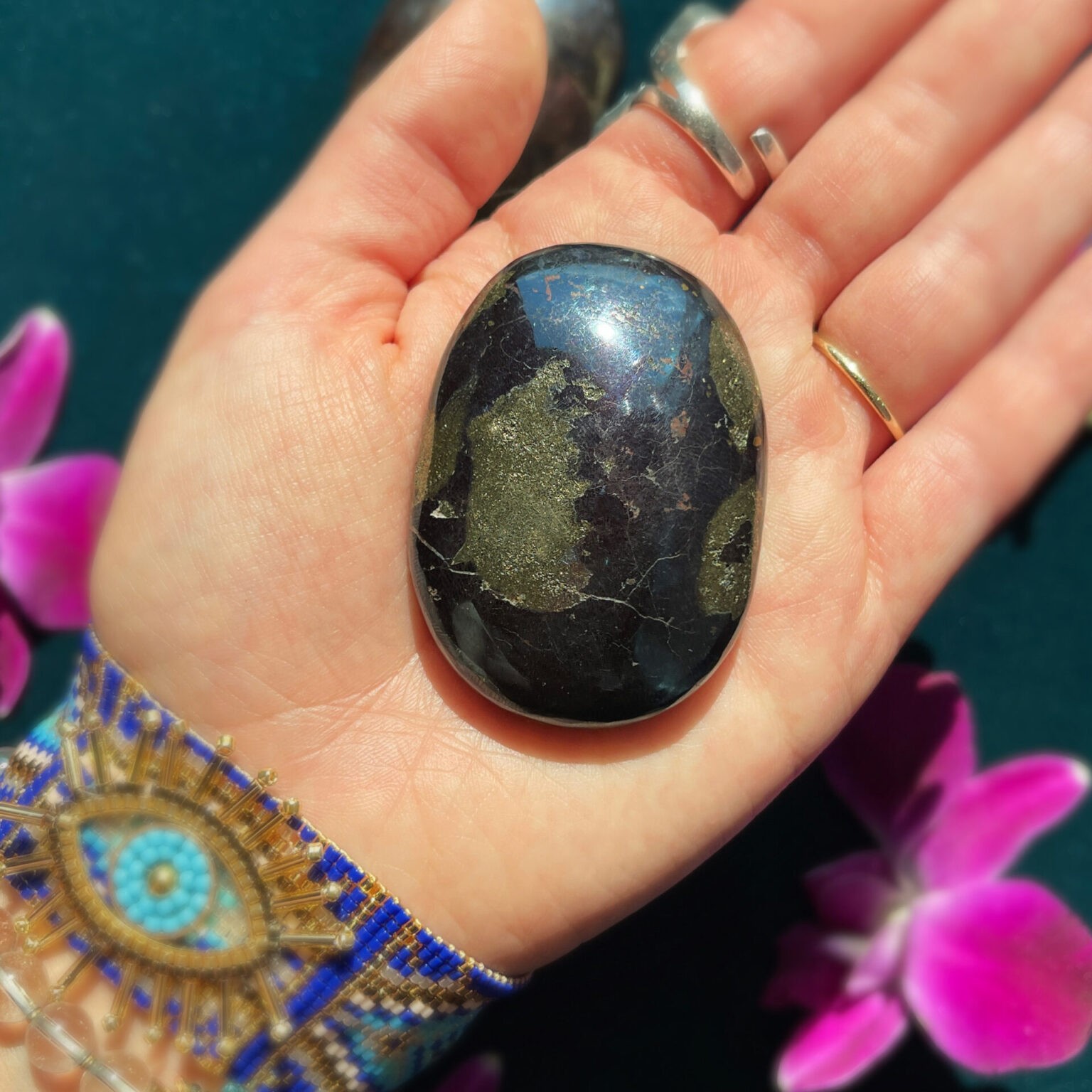 Sage Goddess Covellite Palm Stone for Third Eye Chakra Activation