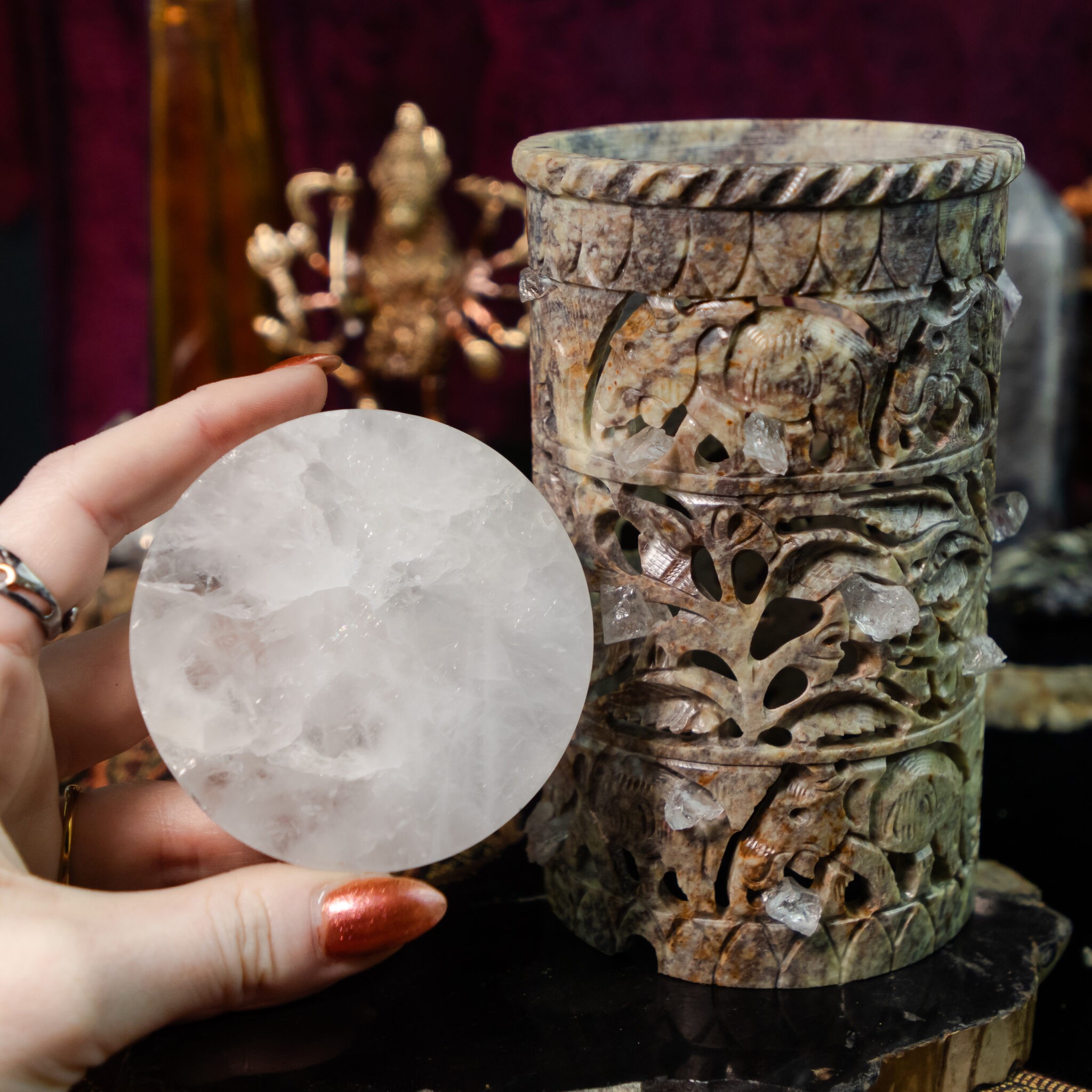 Soapstone with Clear Quartz Tea Light & Incense Holder - Sage Goddess